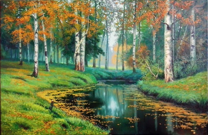Иллюстрация Золотая осень. Тихая речка в стиле живопись