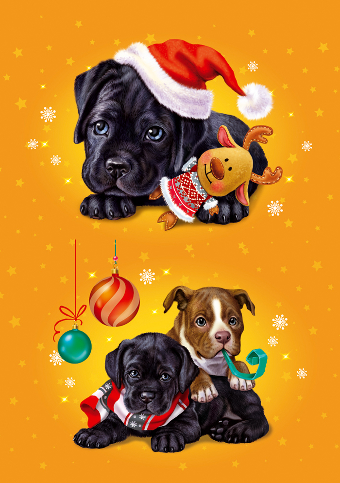 Иллюстрация новогодние щенки в стиле 2d | Illustrators.ru