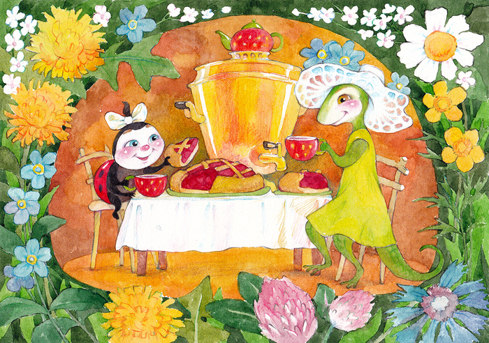 Иллюстрация Чай с земляничным пирогом в стиле графика, детский,