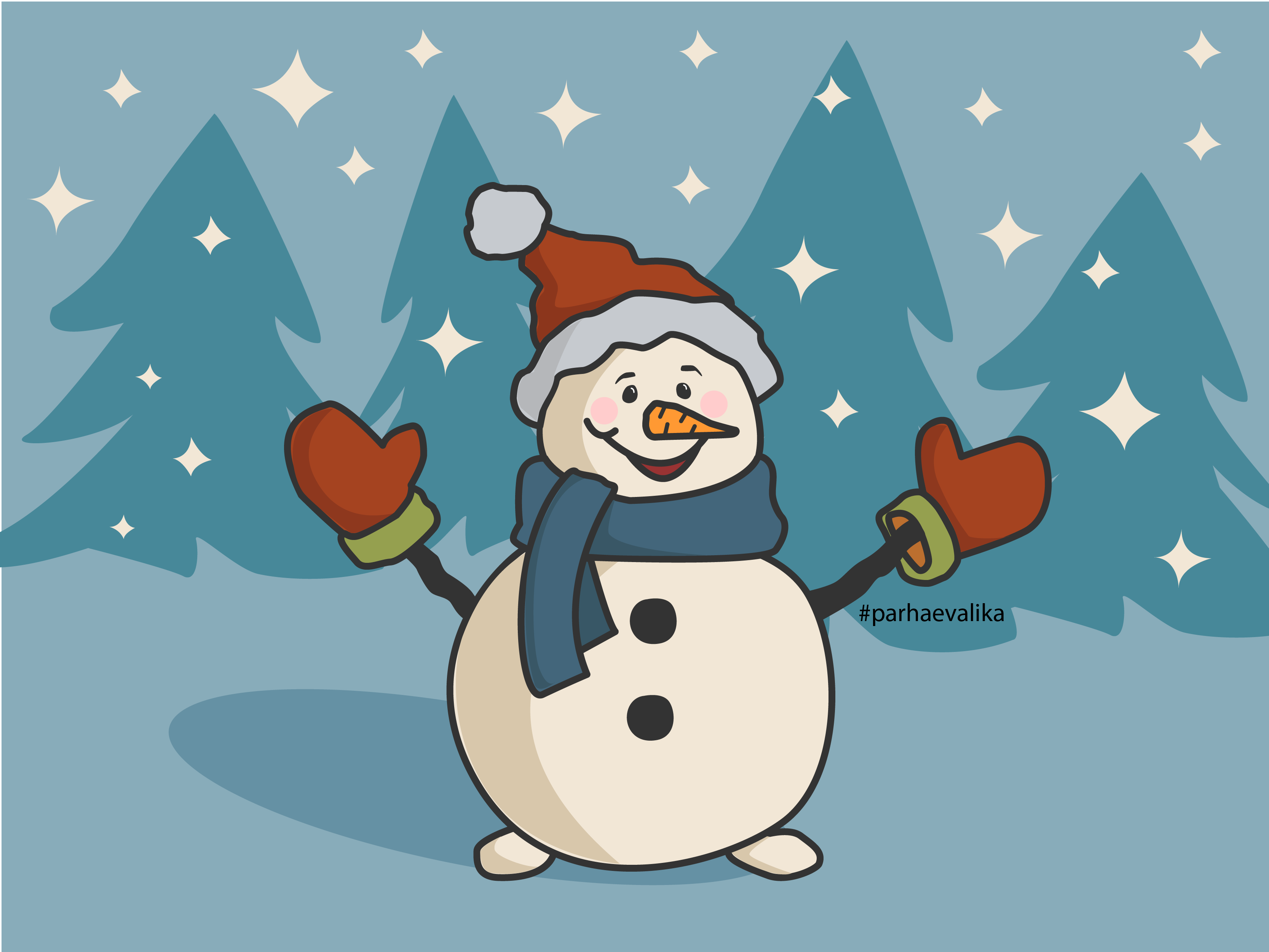 Иллюстрация Новогодний снеговик в стиле графика, детский,