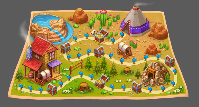 Иллюстрация Map Wild West в стиле 2d, cg, game dev
