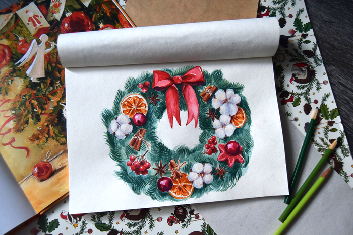 Иллюстрация Рождественский венок в стиле графика, декоративный,