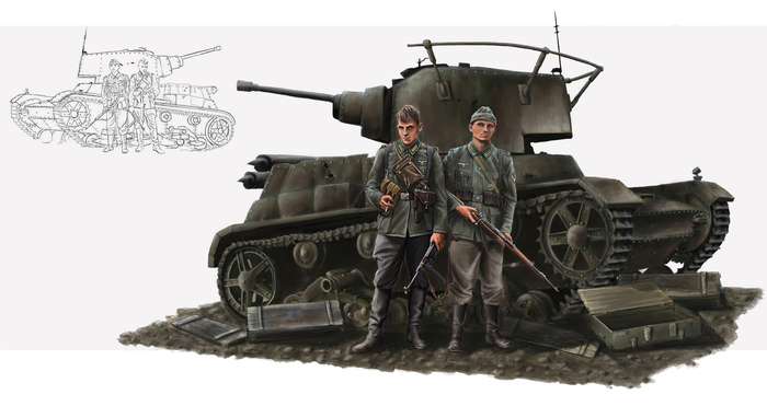 Иллюстрация German Wehrmacht soldiers near a burnt tank в стиле 2d
