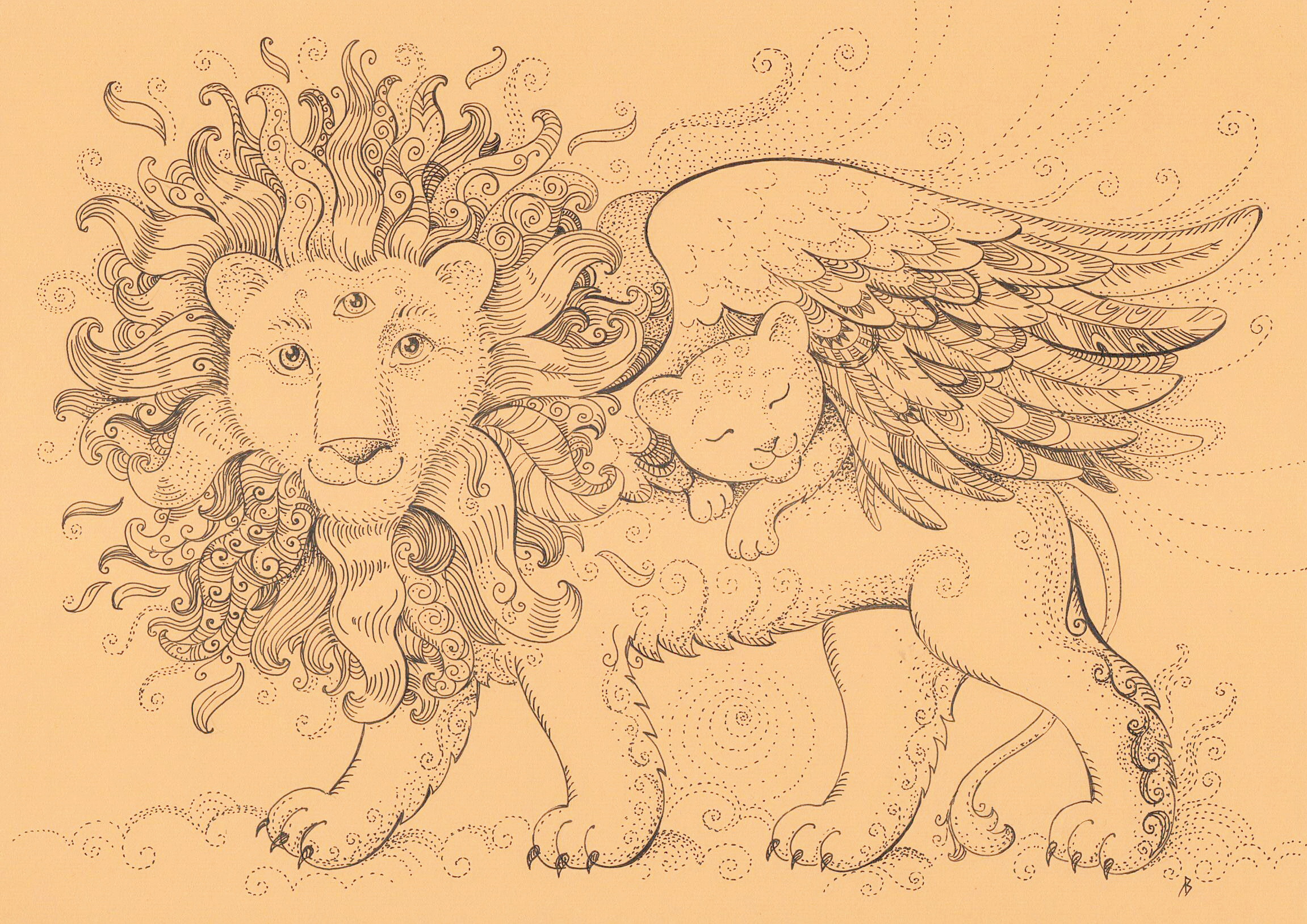 Иллюстрация Добрый лев в стиле графика, книжная графика, сюр