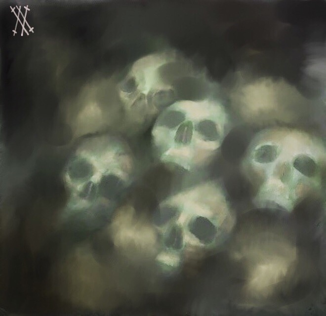 Иллюстрация Skulls in the fog в стиле 2d, game dev, абстракция