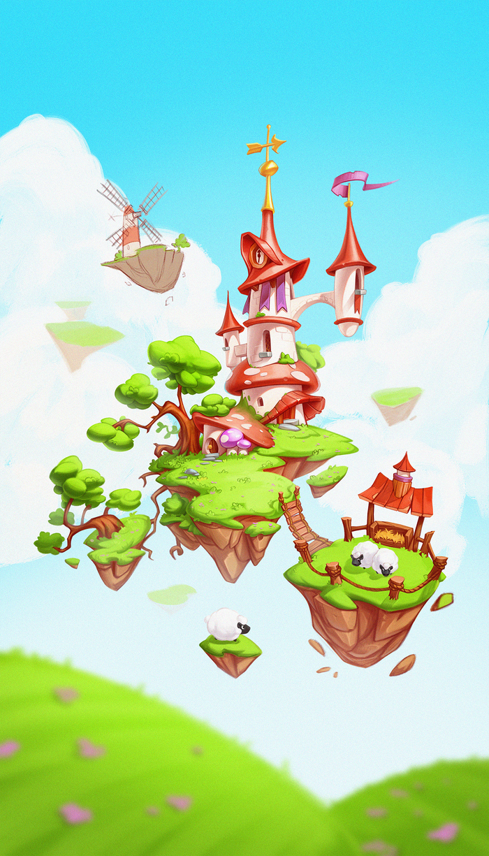 Иллюстрация Облачный Замок в стиле 2d, cg, game dev