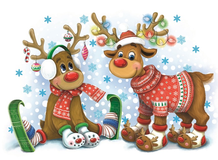 Иллюстрация Новогодние олени в стиле 2d, детский, компьютерная