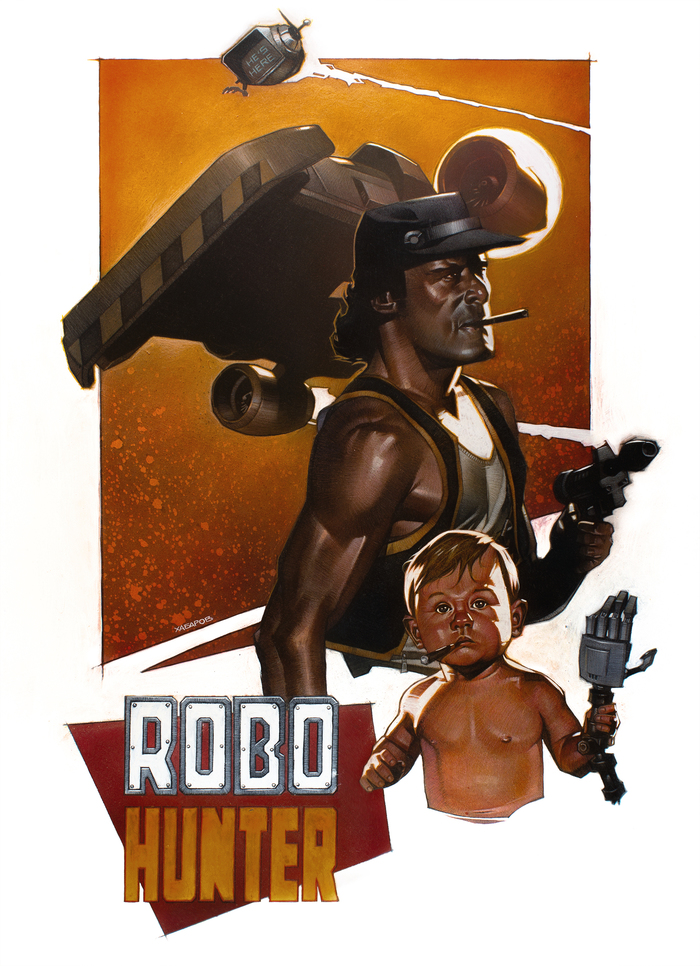 Иллюстрация Robo Hunter в стиле комикс, персонажи, плакат