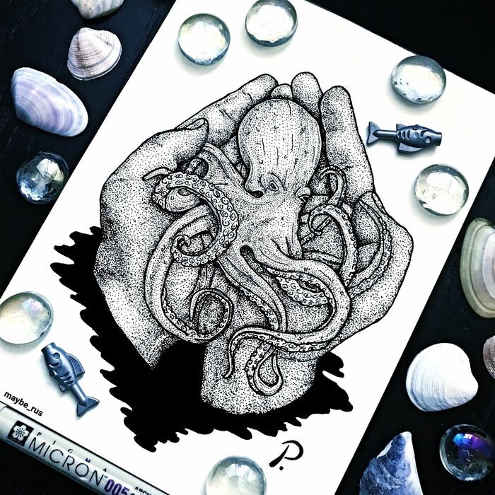 Иллюстрация Осьминог в стиле графика, книжная графика,