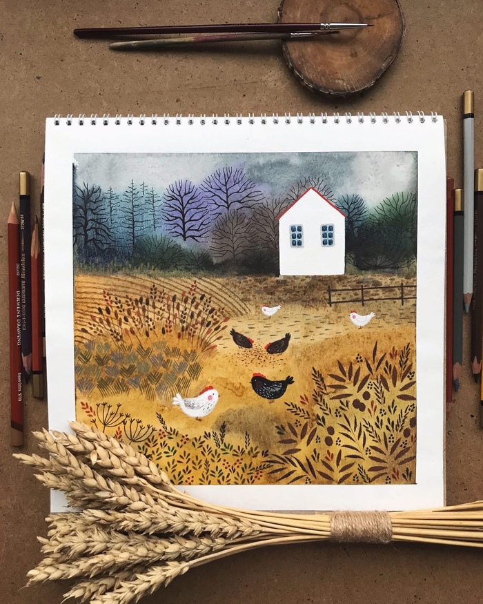 Иллюстрация Курочки на заднем дворе | Illustrators.ru