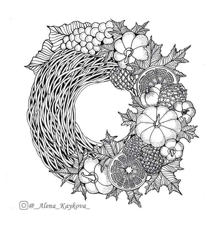 Иллюстрация Раскраска "Осенний венок" в стиле графика,