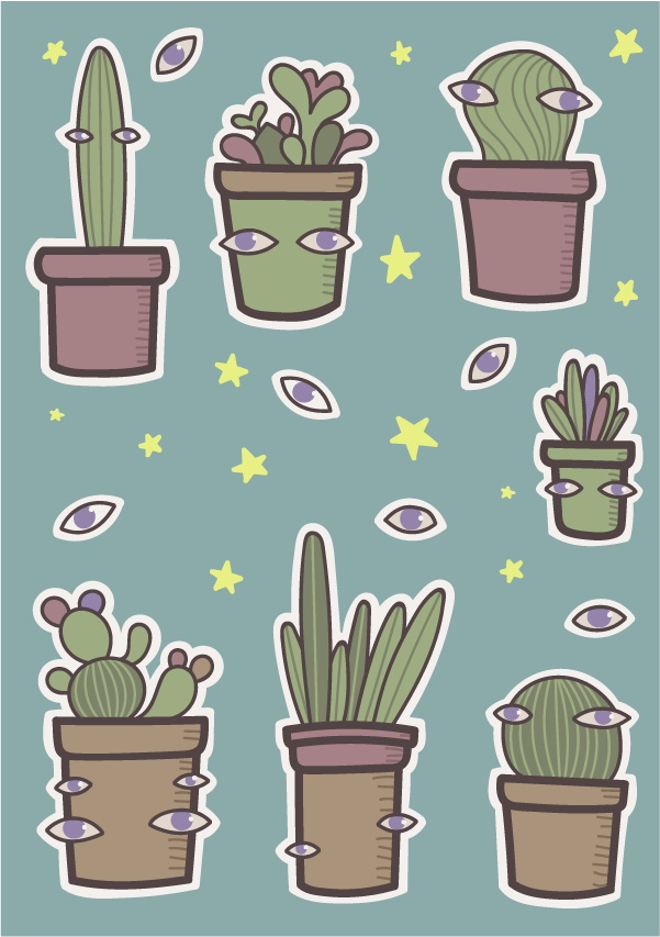 Иллюстрация Кактусы с глазами в стиле сюр | Illustrators.ru