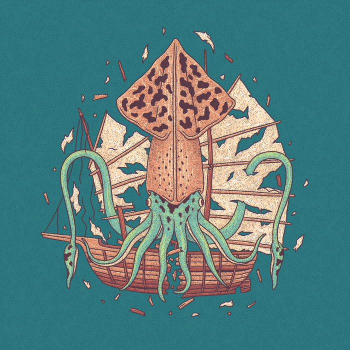 Иллюстрация BIG EVIL SQUID в стиле книжная графика, компьютерная