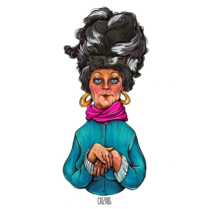 Иллюстрация Бабушка с котом на голове в стиле графика, детский,