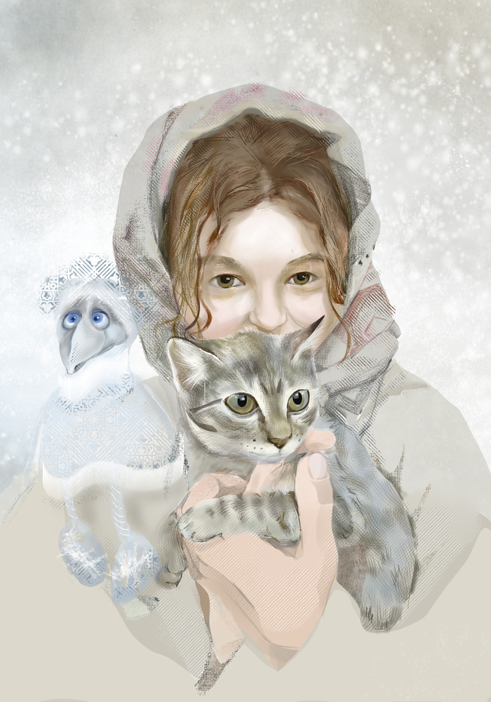 Иллюстрация Катя с кошкой в стиле графика | Illustrators.ru