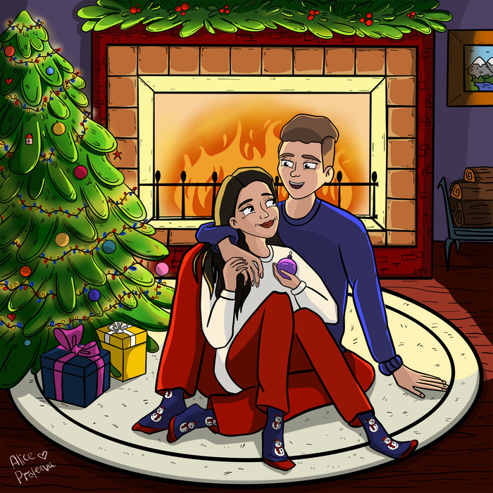 Иллюстрация влюбленные на Новый год в стиле 2d, компьютерная