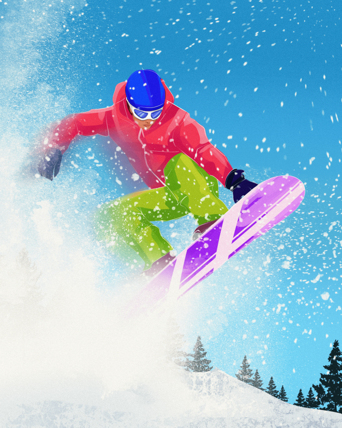 Иллюстрация snowboarding в стиле 2d, персонажи, плакат