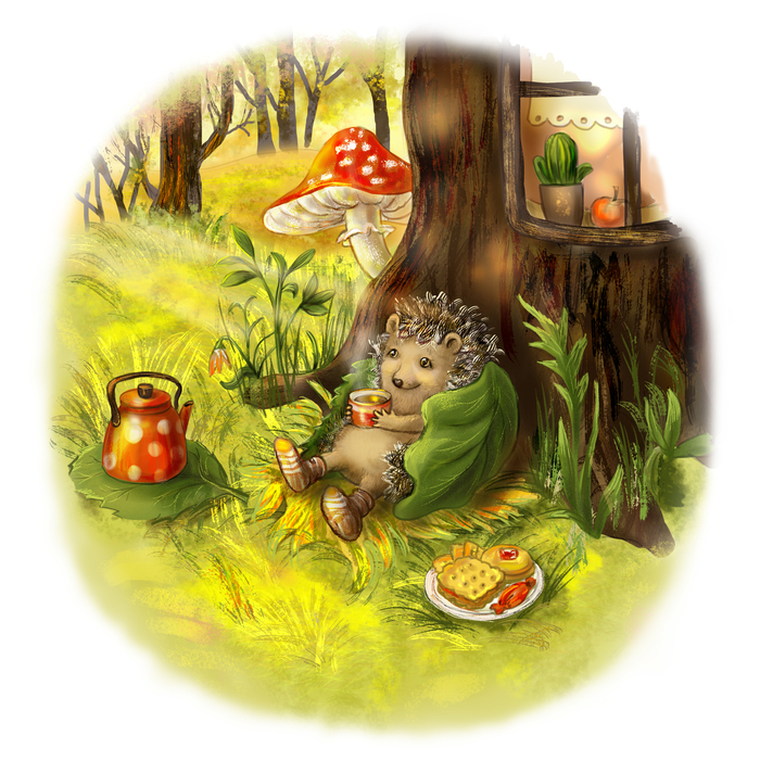 Иллюстрация Ёжик и уютная осень в стиле 2d, детский, книжная