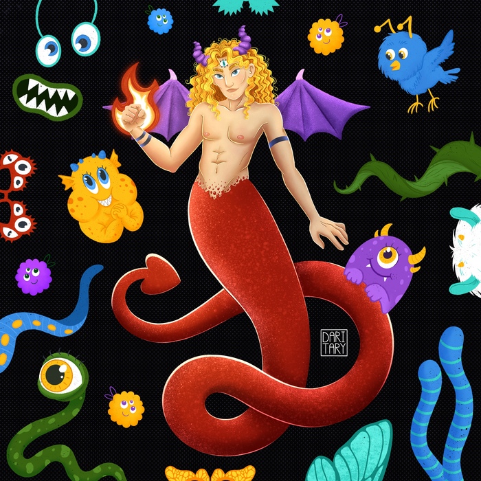 Иллюстрация Монстр-тритон в стиле 2d, компьютерная графика,