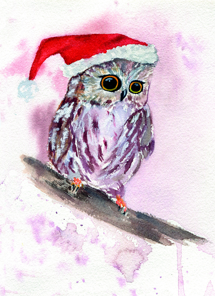 Иллюстрация Новогодний персонаж сова в стиле книжная графика