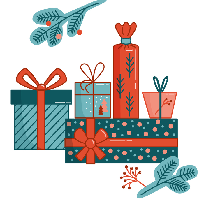 Иллюстрация Новогодние подарки в стиле 2d, компьютерная графика