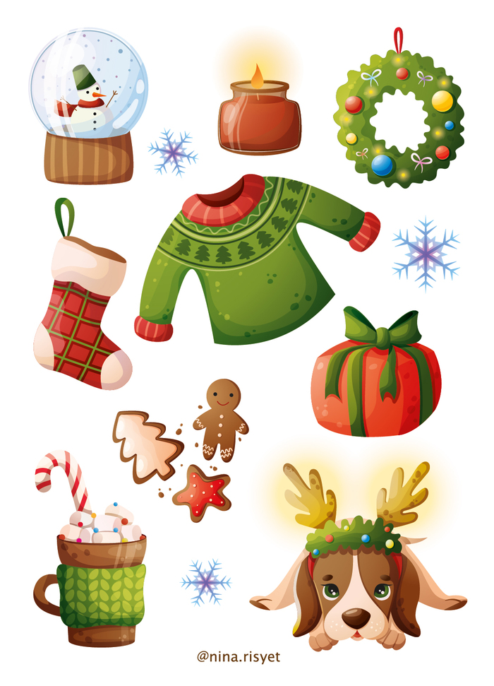 Иллюстрация Новогодние стикеры в стиле 2d, декоративный, книжная