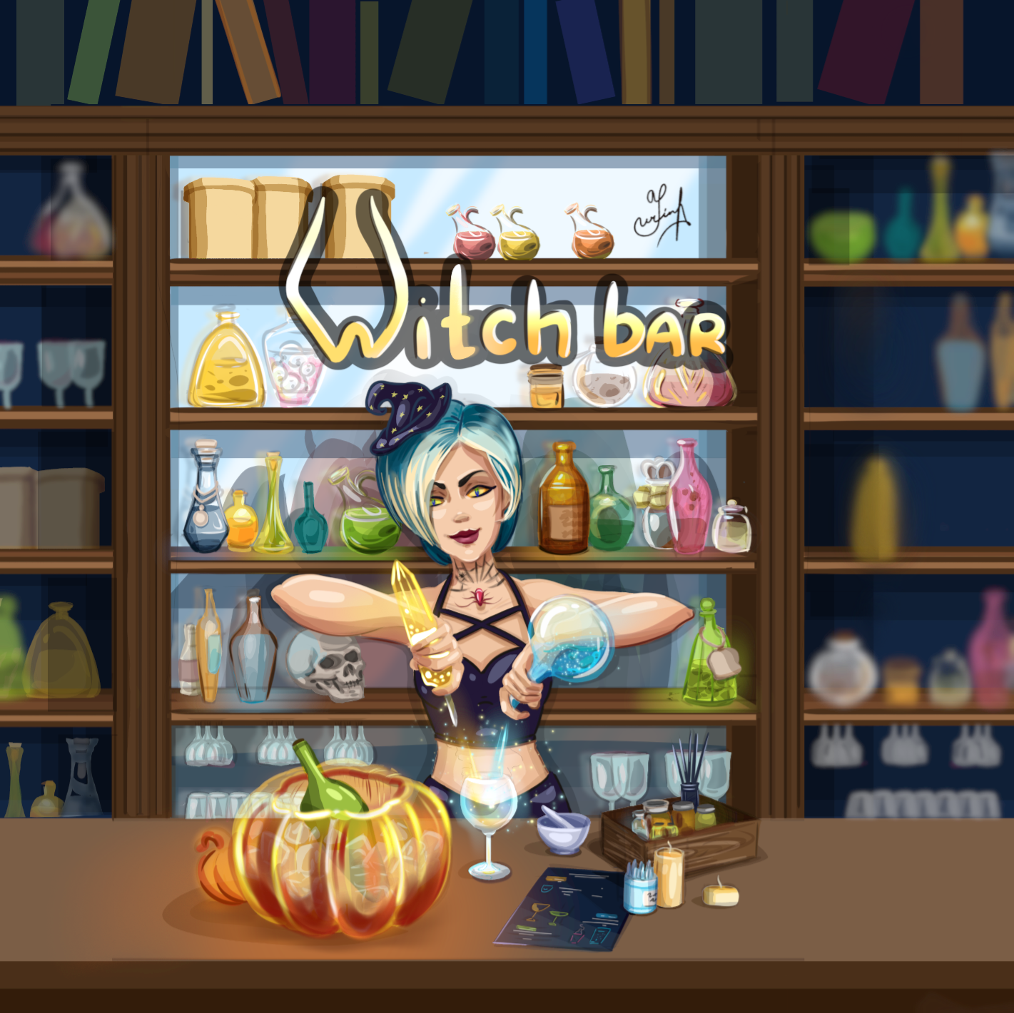 Иллюстрация Witch bar в стиле 2d, книжная графика, комикс