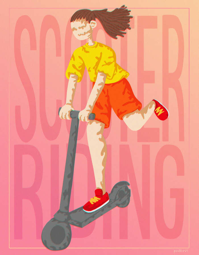 Иллюстрация scooter riding в стиле 2d, карикатура, компьютерная