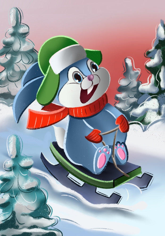 Иллюстрация Зайчик на санках в стиле 2d, детский, книжная графика