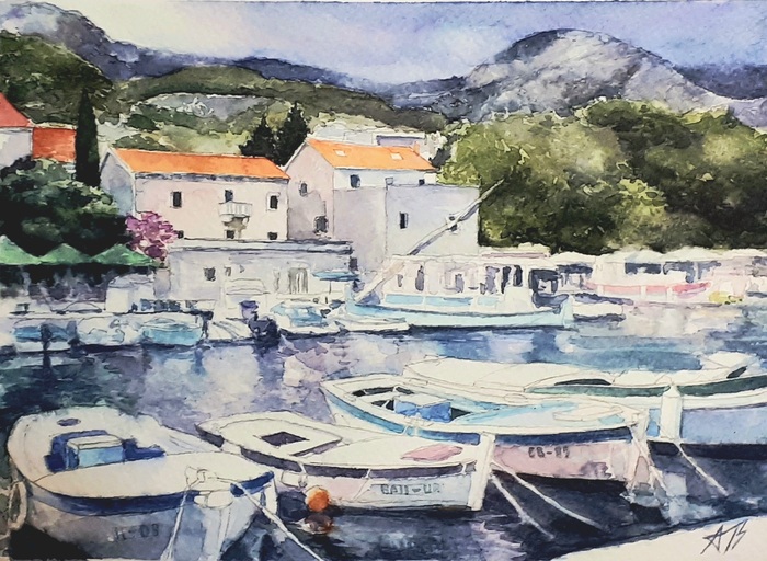 Иллюстрация Черногория. На пристане перед дождём в стиле скетчи