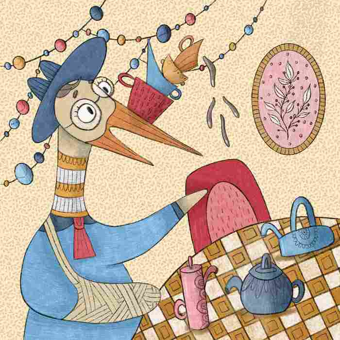 Иллюстрация Сломанное крыло аиста. Аист за чаепитием. в стиле