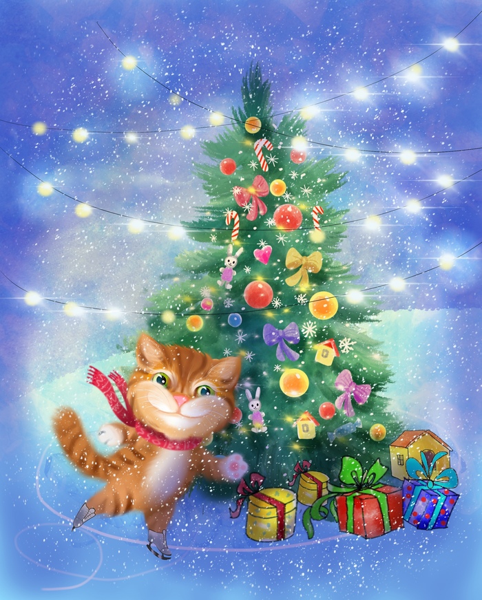 Иллюстрация Новогодний кот в стиле книжная графика