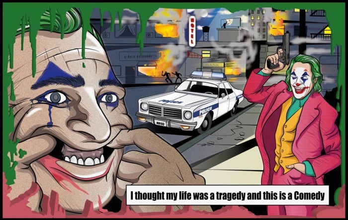 Иллюстрация Джокер город в огне в стиле комикс | Illustrators.ru