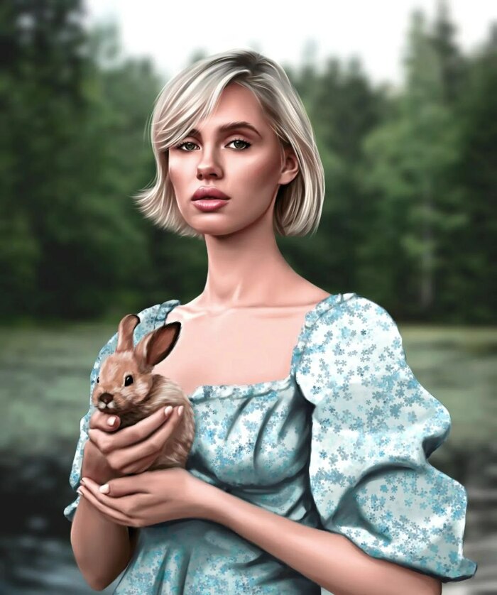 Иллюстрация Девушка с кроликом в стиле реализм | Illustrators.ru