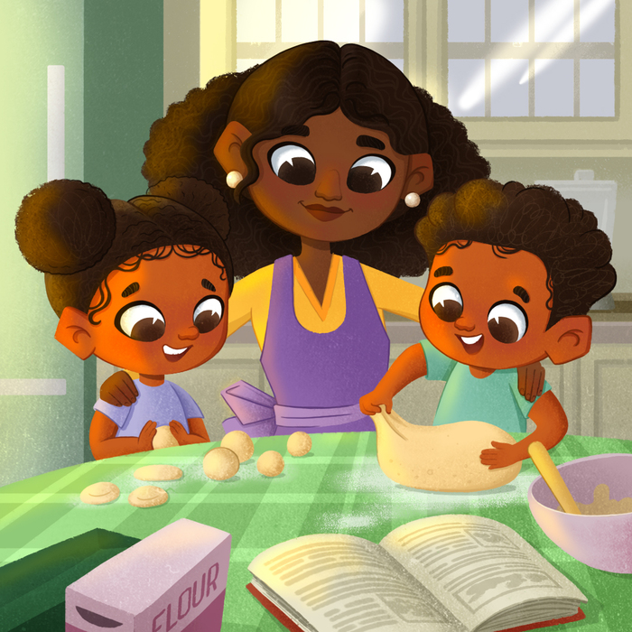 Иллюстрация cooking with mum в стиле 2d, детский, книжная графика