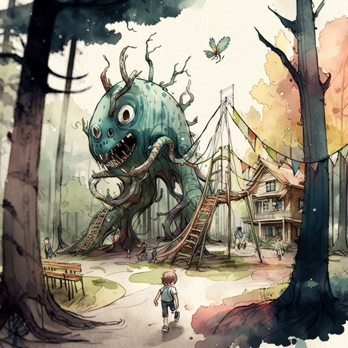 Иллюстрация Чудище лесное в гостях у детей в стиле академический