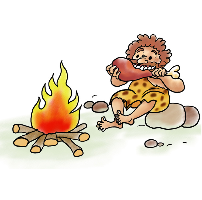 Иллюстрация A primitive man eating his lunch в стиле 2d, детский,