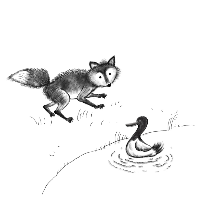 Иллюстрация Fox and Duck в стиле 2d, книжная графика, компьютерная