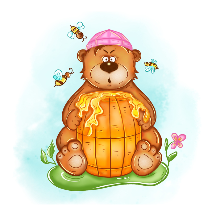 Иллюстрация Мишка с бочкой мёда в стиле детский | Illustrators.ru