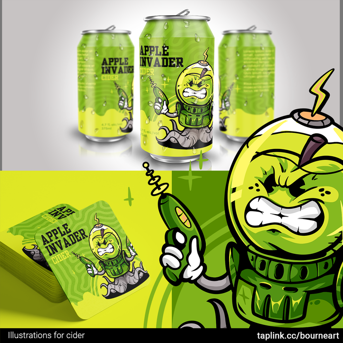 Иллюстрация Персонаж для сидра Apple Invader в стиле 2d