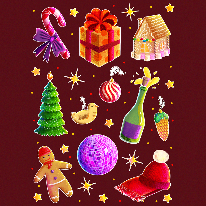 Иллюстрация Новогодние стикеры в стиле анимационный, журнальный,