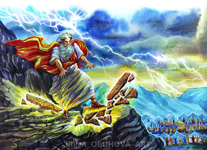 Иллюстрация Моисей разбивает скрижали. в стиле книжная графика