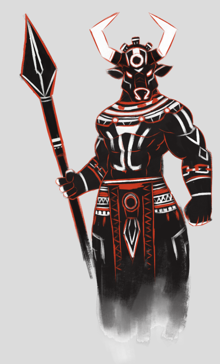 Иллюстрация Ghost Bull-warrior в стиле 2d, персонажи