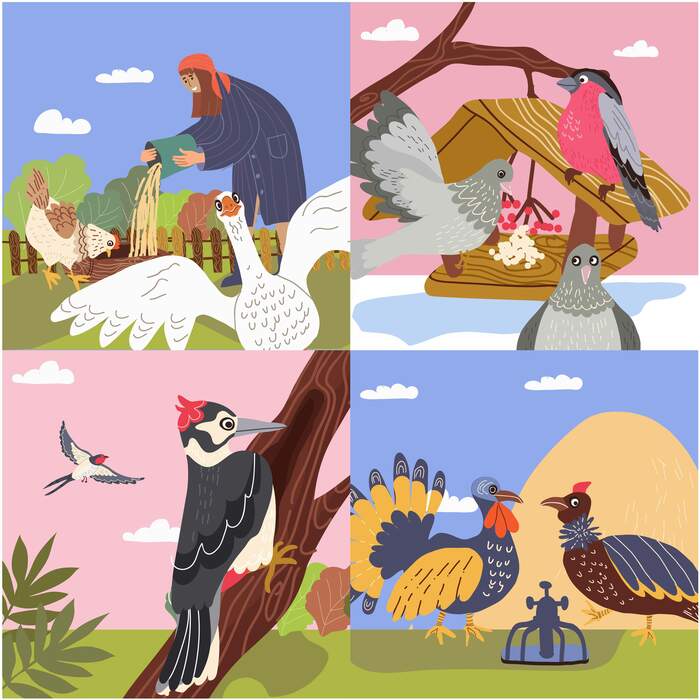 Иллюстрация wild fowl and poultry в стиле графика, декоративный,