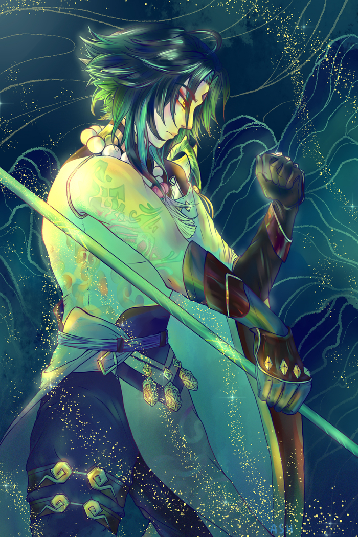 Иллюстрация Xiao /Адепт Сяо в стиле 2d, компьютерная графика,