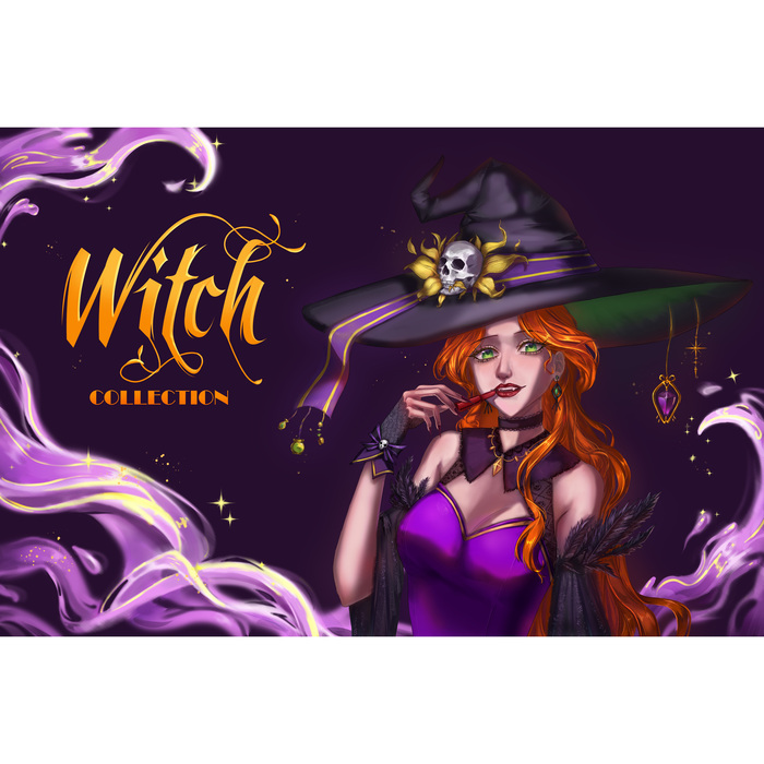 Иллюстрация Ведьма красит губы. Набор косметики на Хэллоуин в стиле