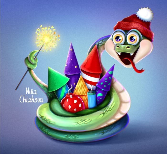 Иллюстрация Новогодний персонаж змея в стиле 2d, детский, персонажи