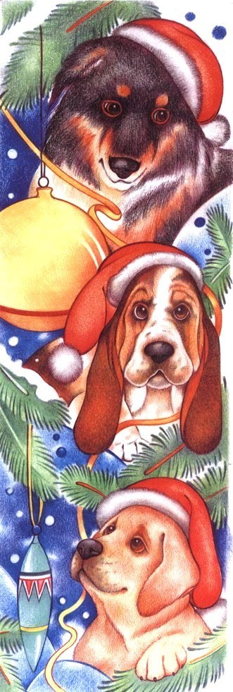 Иллюстрация Новогодние щенки в стиле анимационный | Illustrators.ru