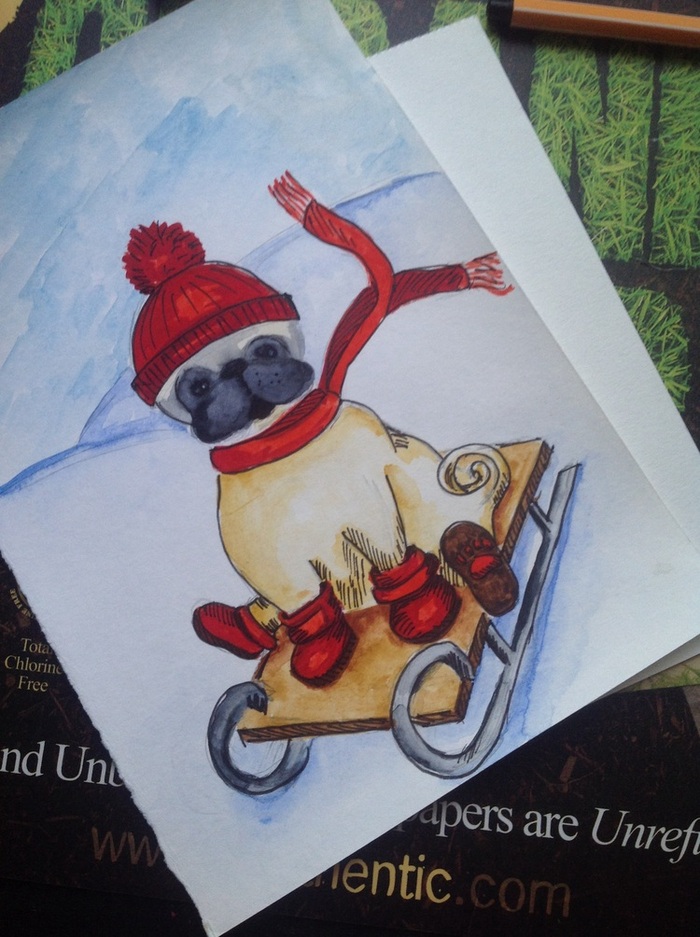 Иллюстрация Winter pug в стиле анимационный | Illustrators.ru