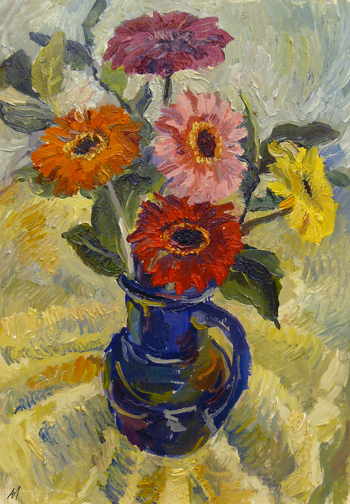 Иллюстрация Герберы в стиле живопись, импрессионизм, этюд